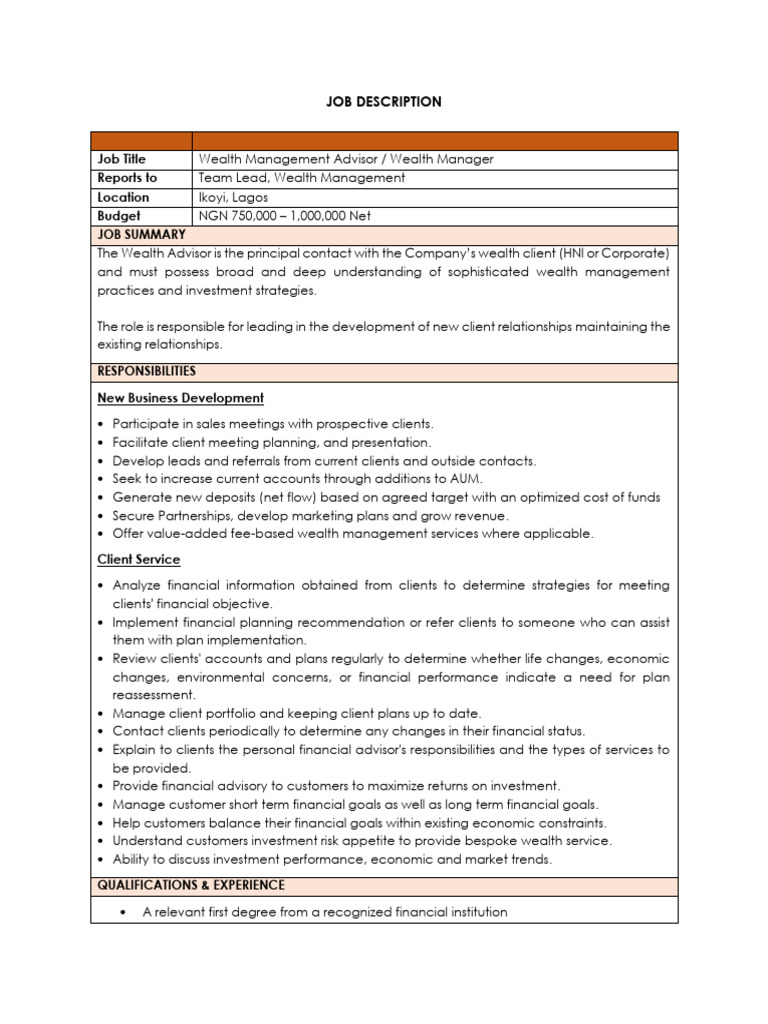 Wealth Management Advisor Job Description | PDF | Wealth | Investment ...