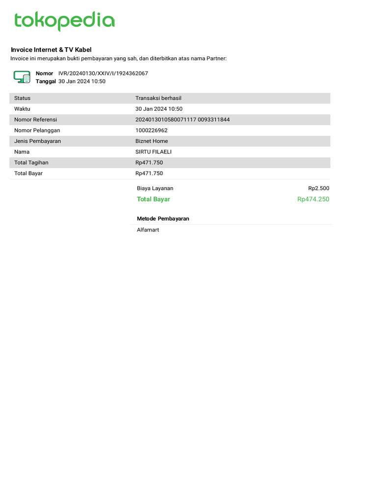 Invoice Pembayaran Biznet Januari 2024 | PDF