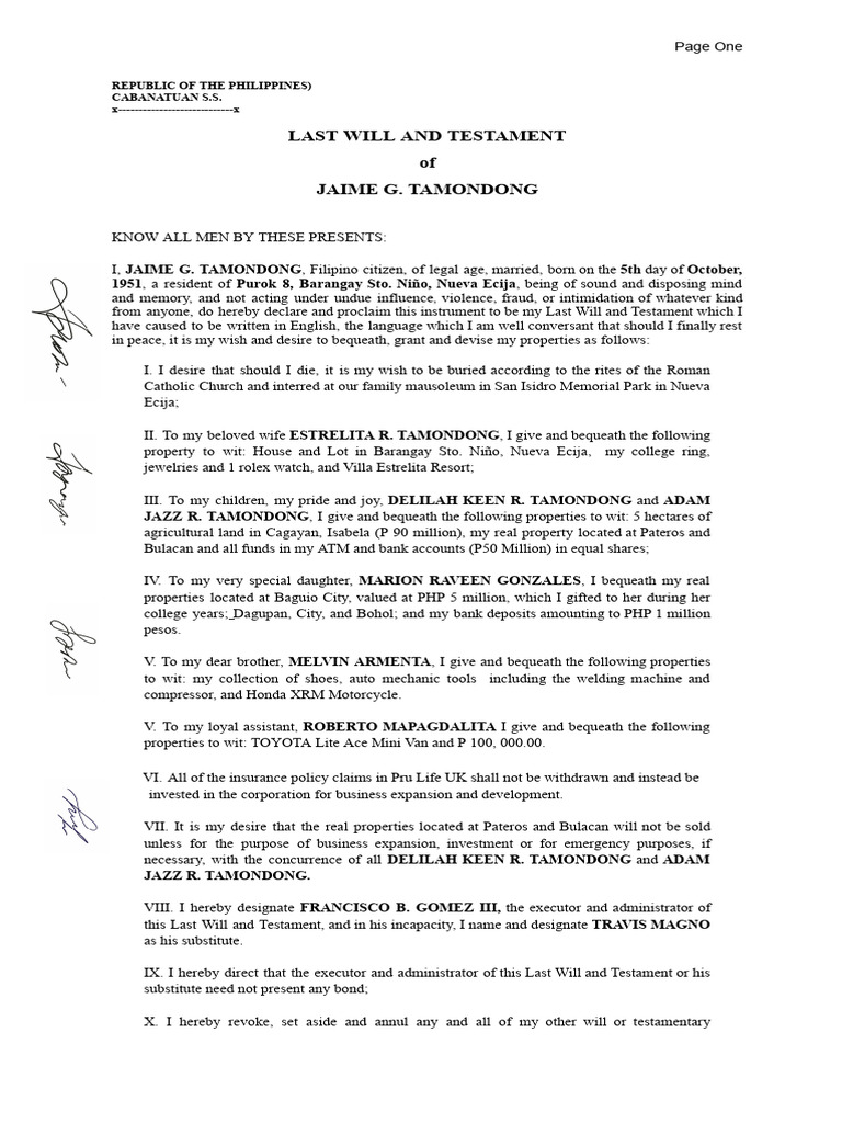 Notarial Will of Jaime G. Tamondong | PDF | Will And Testament | Legal ...