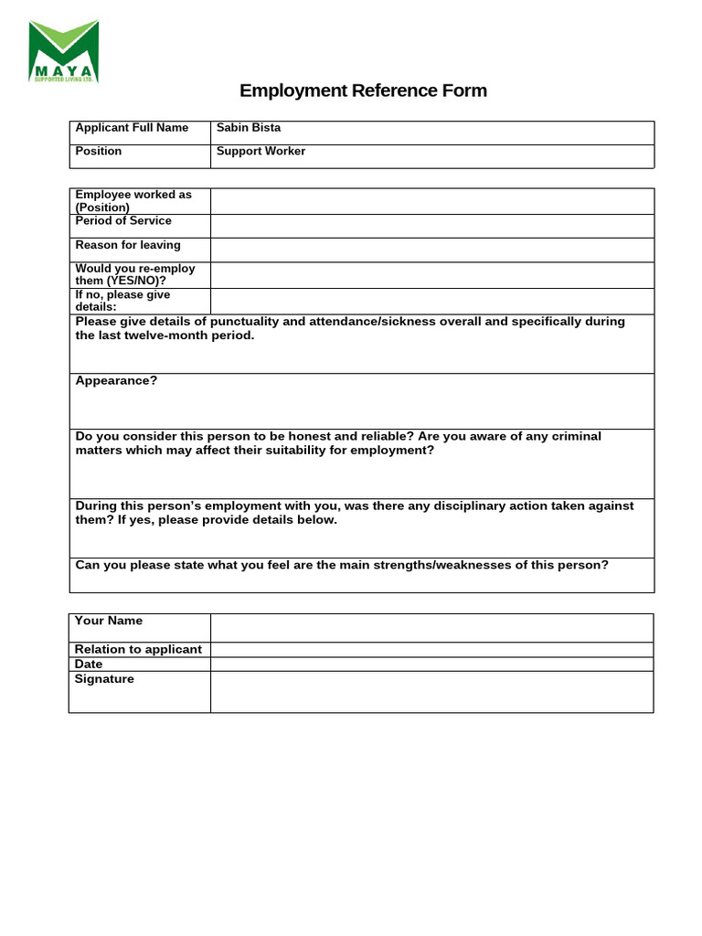 Sabin Bista Reference Form Fully Completed | PDF