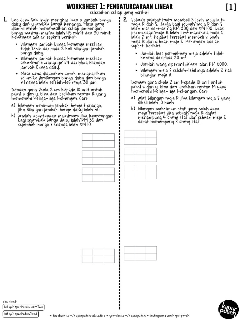 Worksheet KSSM AddMaths Bab 7 Pengaturcaraan Linear Form 5 | PDF