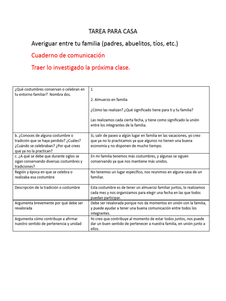 Tarea para Casa Averiguar Costumbre Familiares | PDF