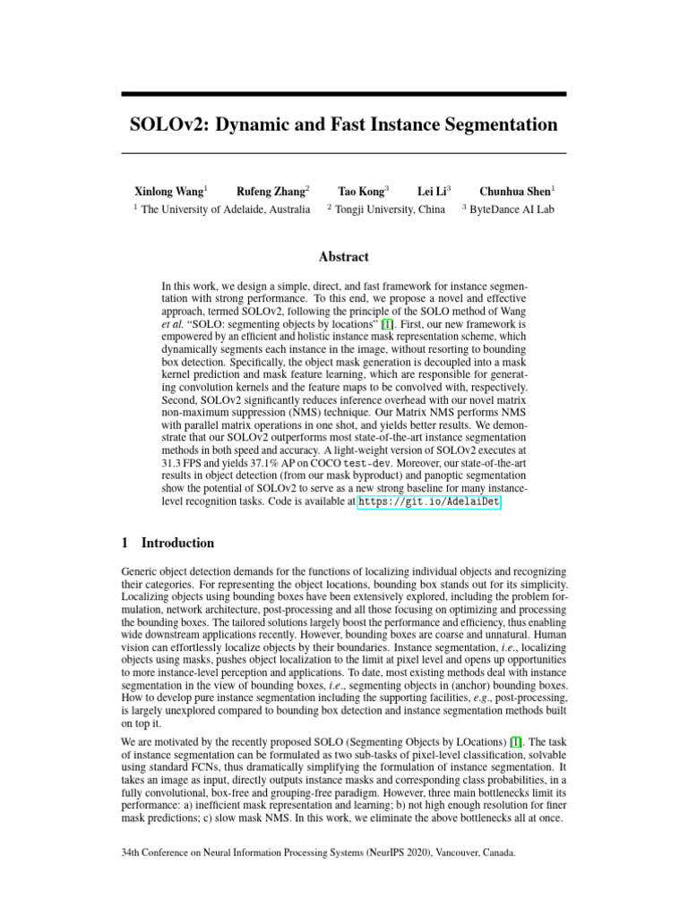 SOLOv2 - Dynamic and Fast Instance Segmentation | PDF | Image Segmentation | Artificial Intelligence