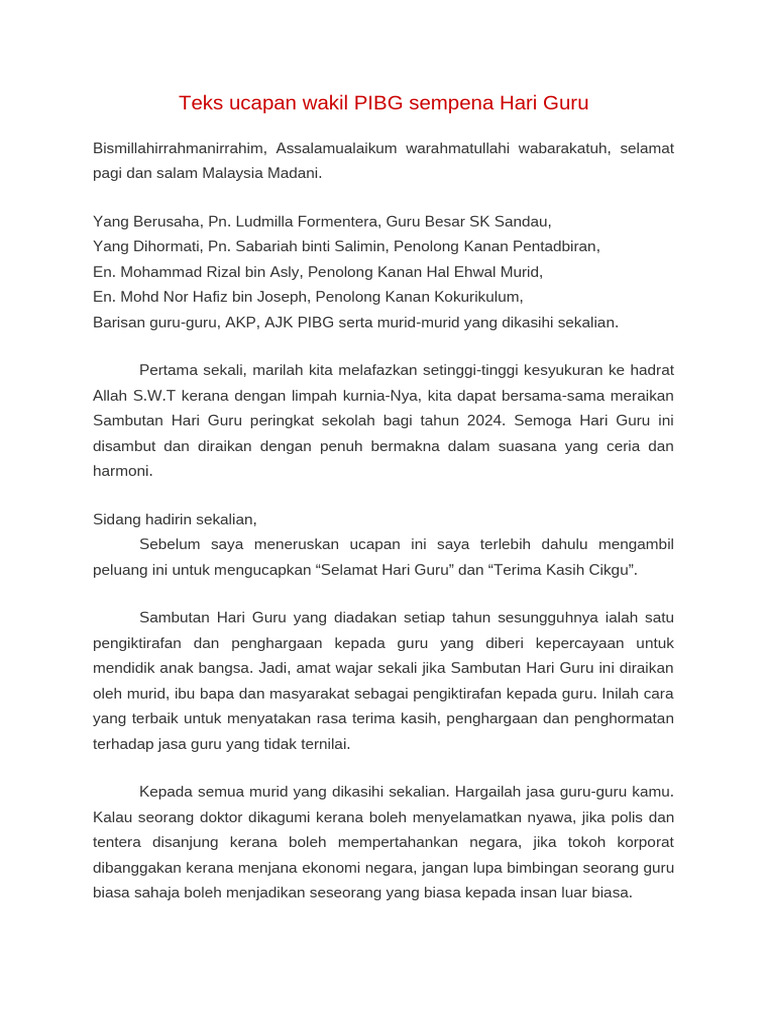 Teks Ucapan Wakil PIBG Sempena Hari Guru | PDF