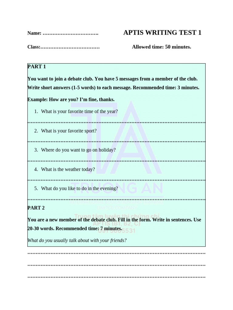 Aptis Writing Test 1 (Debate Club) | PDF
