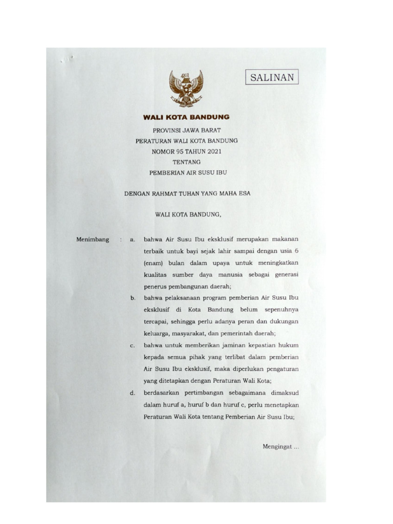 Perwal BDG 95 TH 2021 TTG Pemberian Asi | PDF