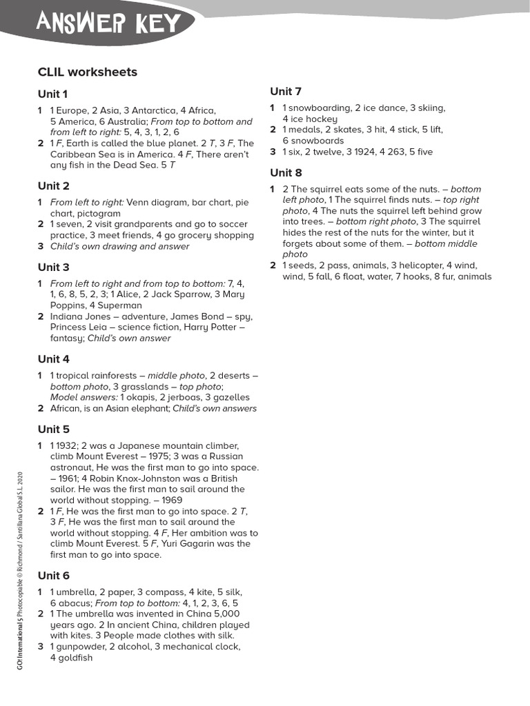 Go Int 5 CLIL Worksheets Answer Key | PDF