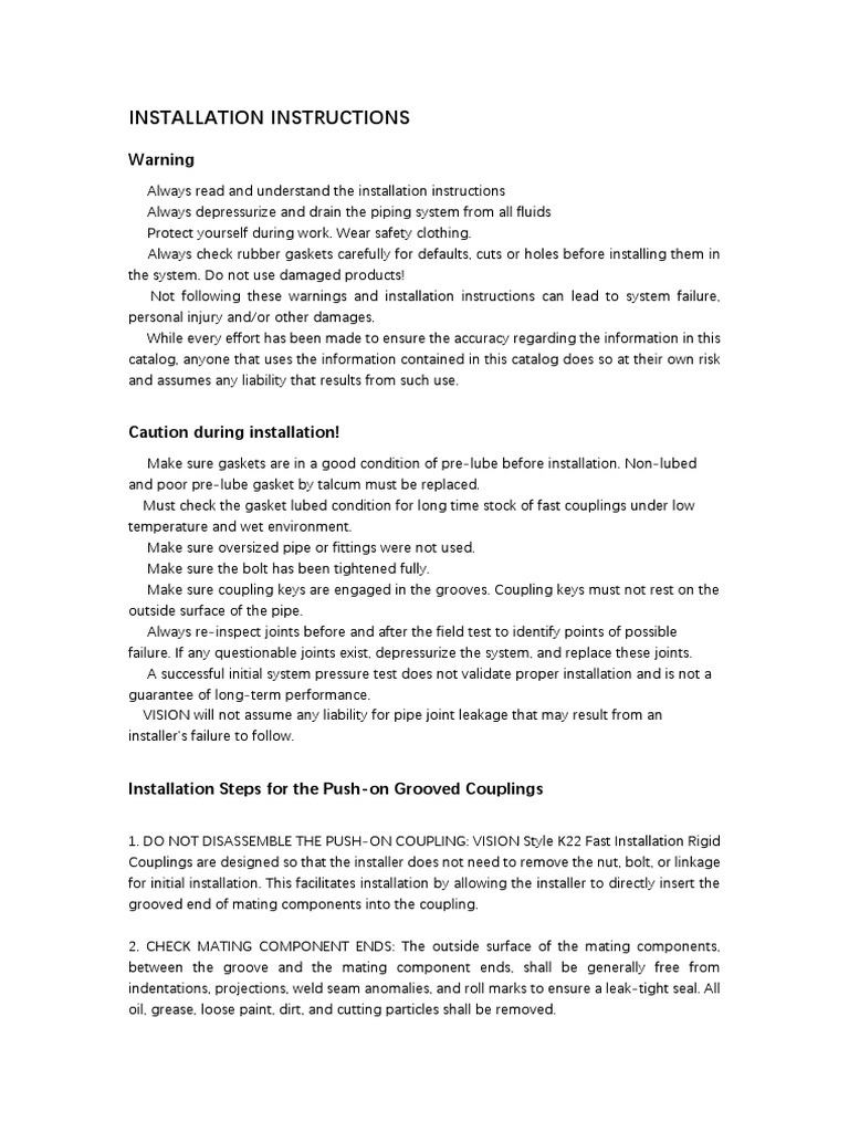 QUICK Couplings INSTALLATION INSTRUCTIONS | PDF | Pipe (Fluid Conveyance) | Nut (Hardware)