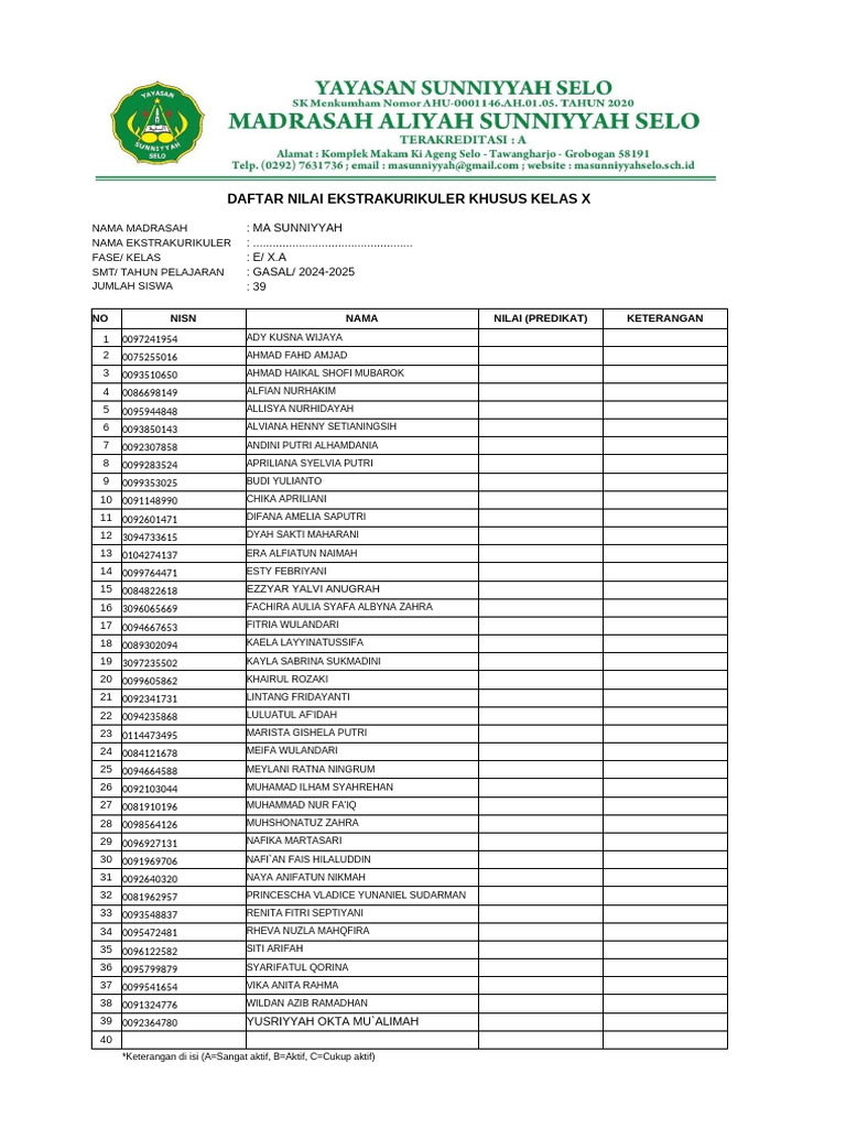 Form Daftar Nilai Ekskul Pramuka Kelas X Gasal 2024-2025 | PDF