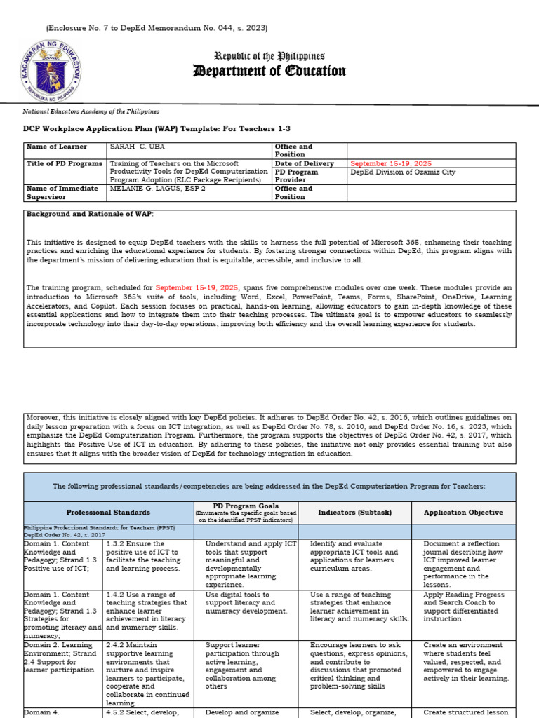 d01 Uba, Sarah Workplace Application Plan Wap DCP Output | PDF | Educational Technology | Learning