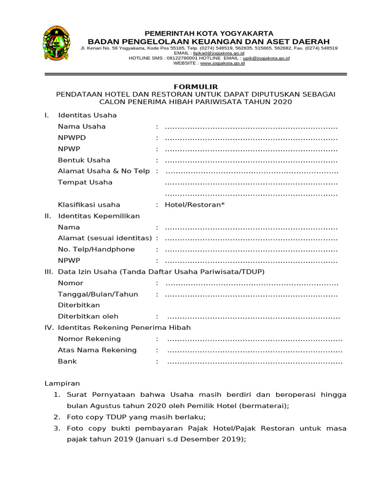 Formulir Pendataan Hotel Dan Restoran 4402 | PDF