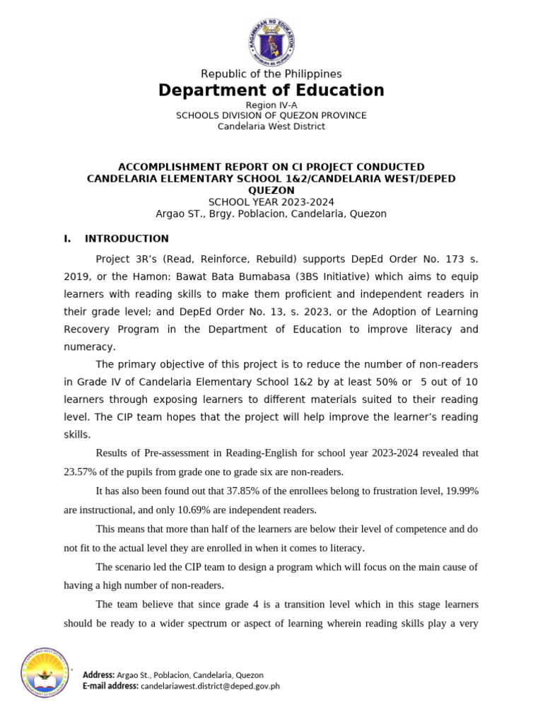 CI Accomplishment Report-CES 1&2 | PDF | Reading Comprehension | Literacy