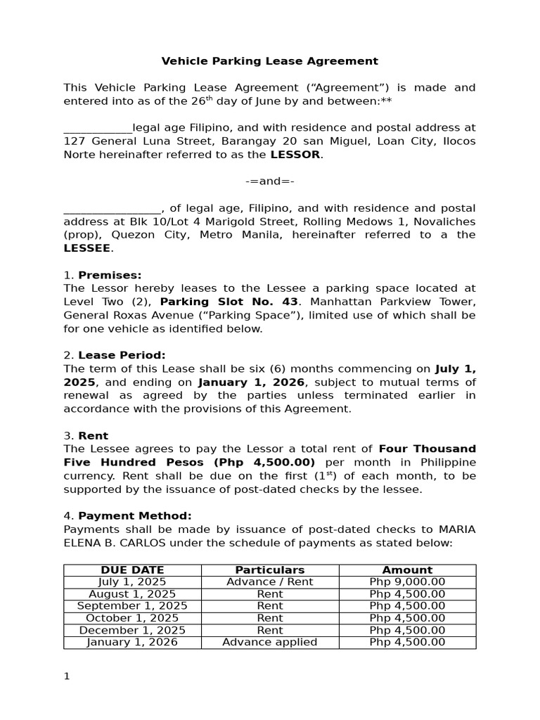 Vehicle Parking Lease Agreement | PDF | Lease | Private Law