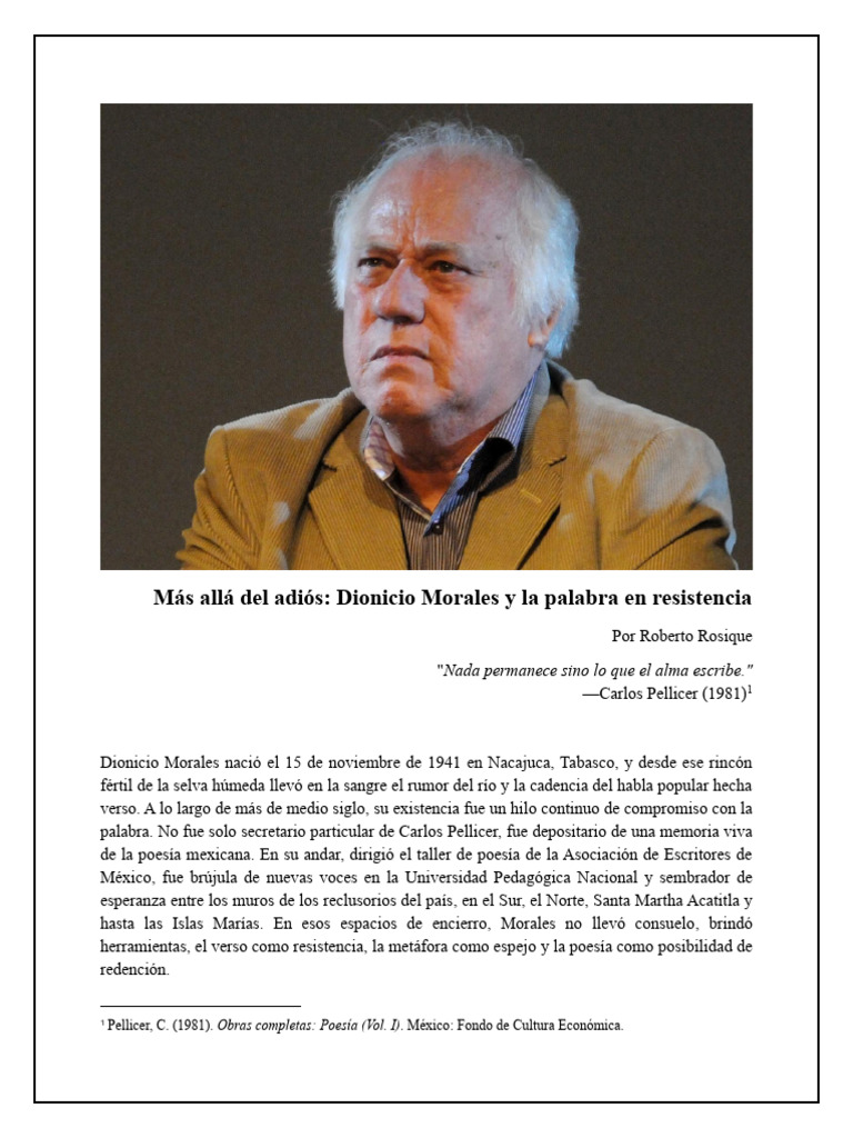 Más Allá Del Adiós. Dionicio Morales y La Palabra en Resistencia. Roberto Rosique | PDF | Poesía ...