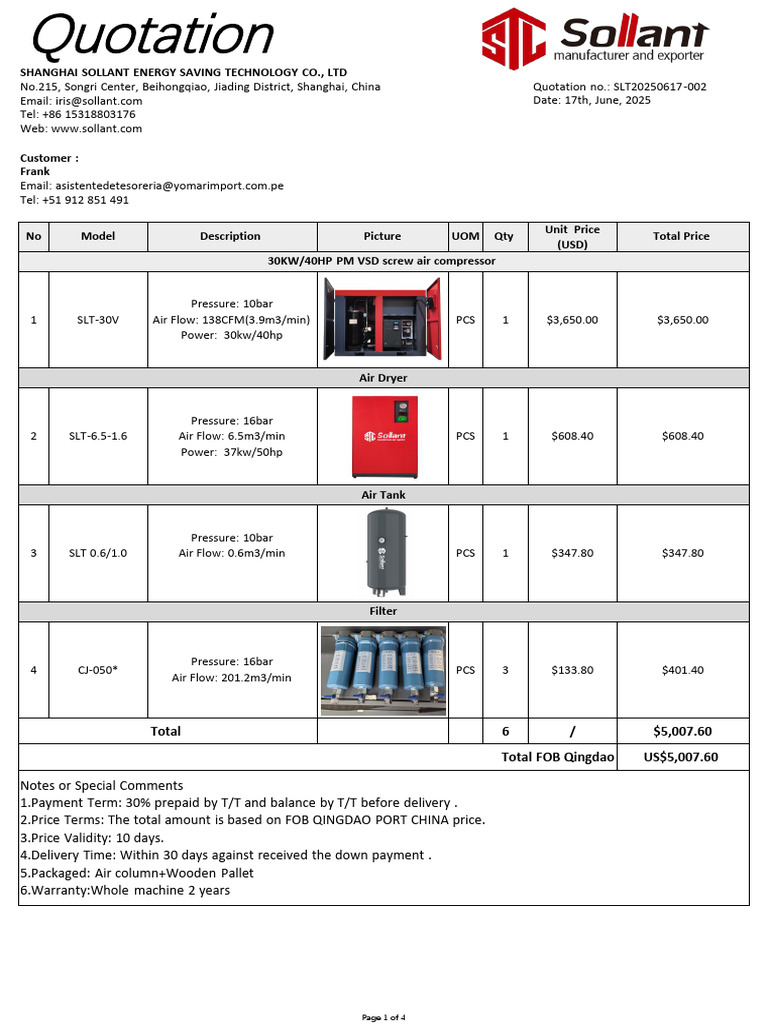 2025.6.17 Quotation-Sollant Air Compressor | PDF | Energy Technology | Gas Technologies