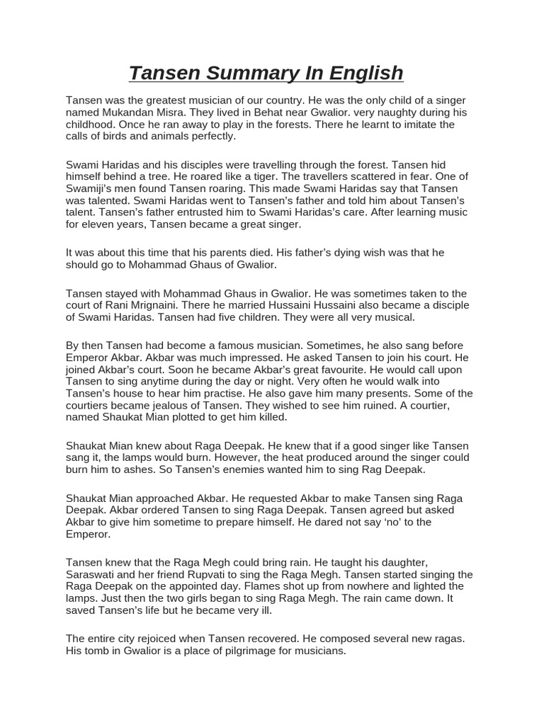 Tansen Summary in English | PDF