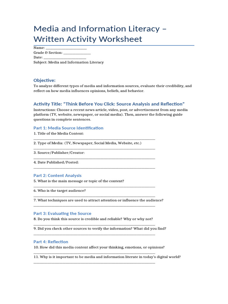 Media & Information Literacy - Worksheets | PDF
