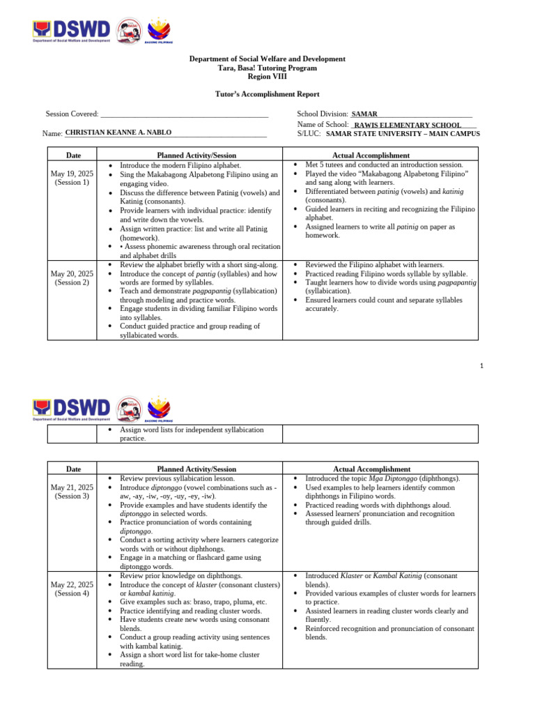 TBTP Daily Accomplishment Report Sample | PDF | Reading Comprehension ...