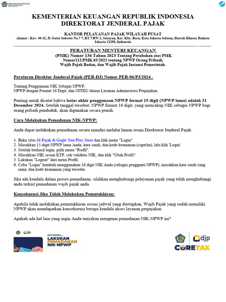 Surat Pemberitahuan Pemadanan Npwp Dengan Nik (2) | PDF