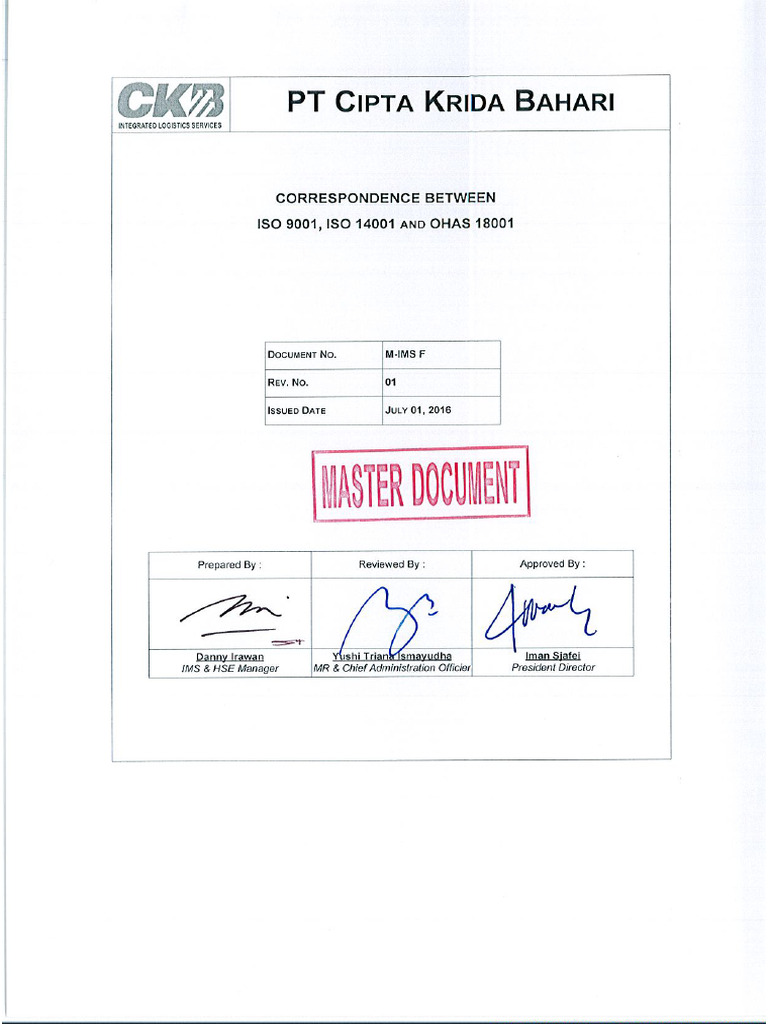 M-IMS-F Rev01 Correspondence Between ISO 9001, ISO 14001, and OHAS ...