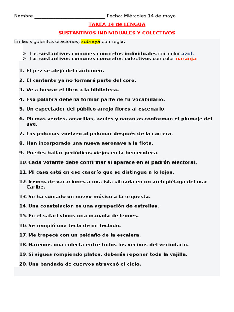 Tarea 14 de Lengua - Sustantivos Individuales y Colectivos | PDF