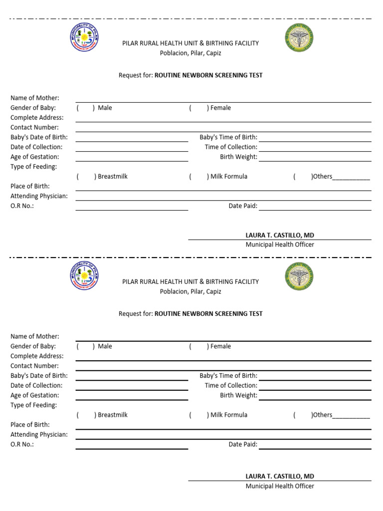 Routine Newborn Screening Test Form | PDF
