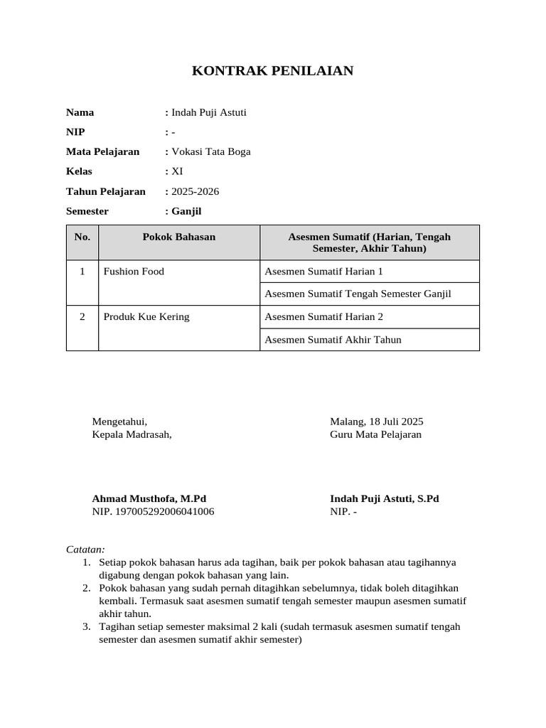 Kontrak Penilaian XI - Tata Boga 2025-2026 | PDF