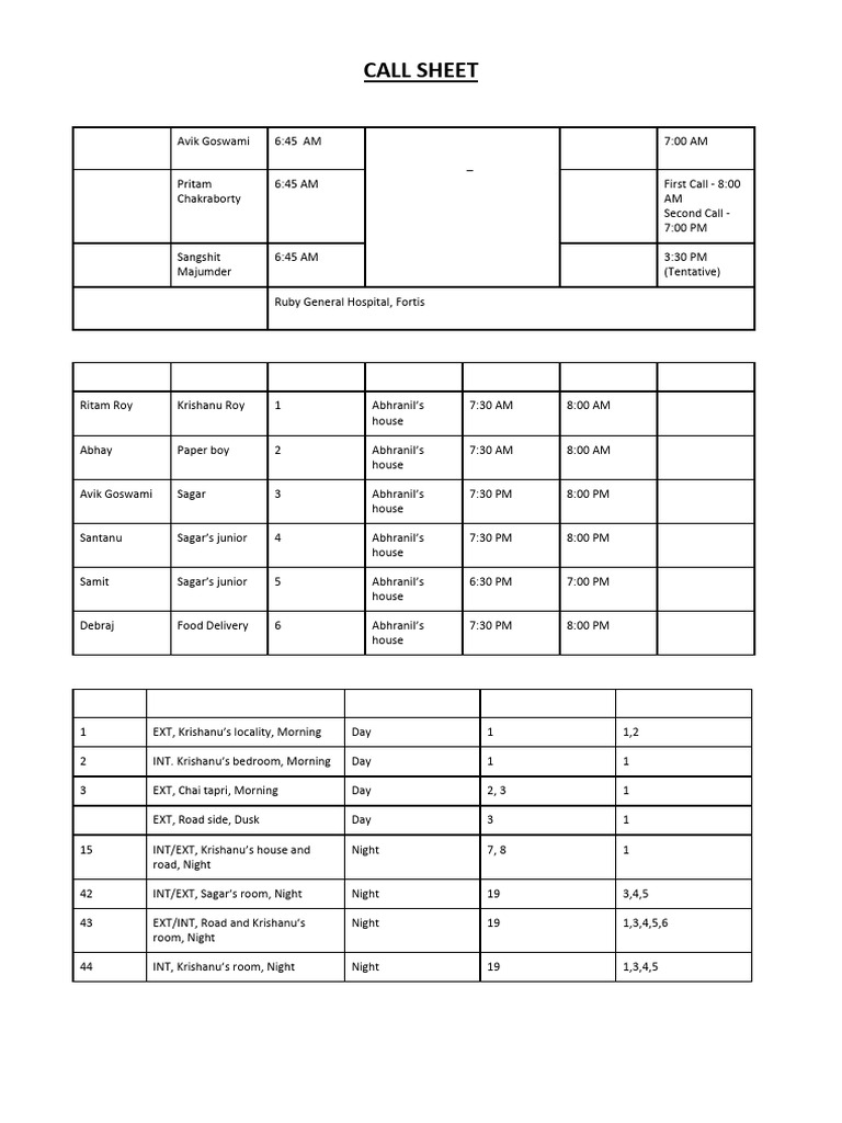 Final Callsheet - Shoot Day 1 | PDF