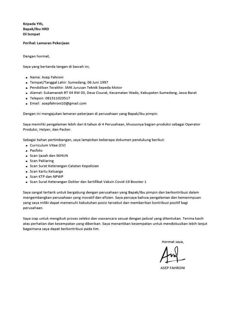 Surat Lamaran Kerja Asep Fahroni | PDF