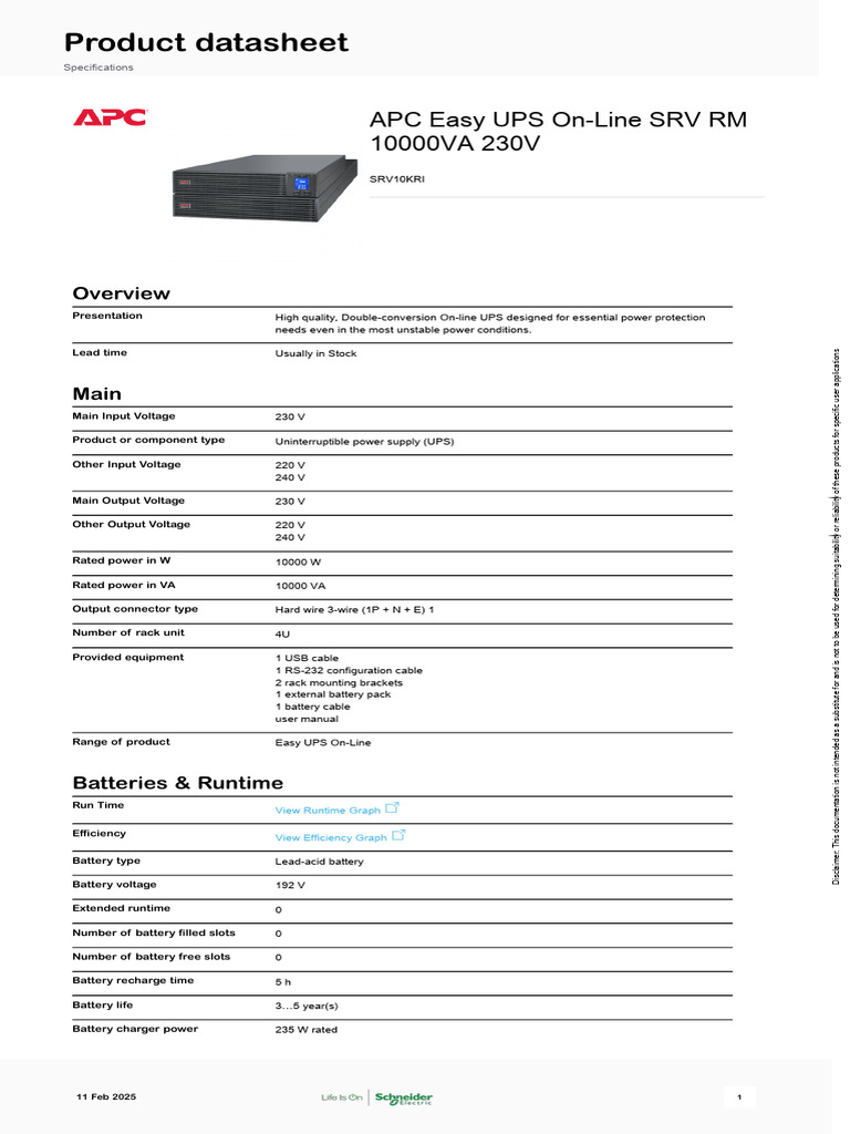 Schneider Electric Easy-UPS-OnLine SRV10KRI | PDF | Manufactured Goods | Electronics