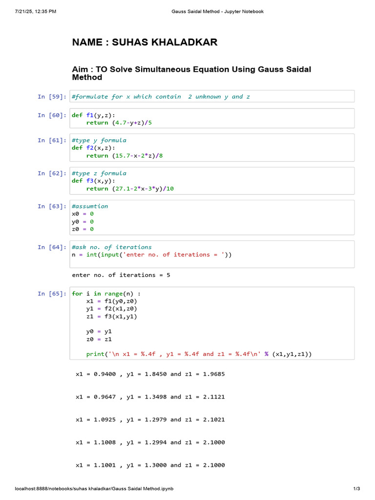 Gauss Saidal Method - Jupyter Notebook Suhas | PDF | Algebra | Mathematical Objects