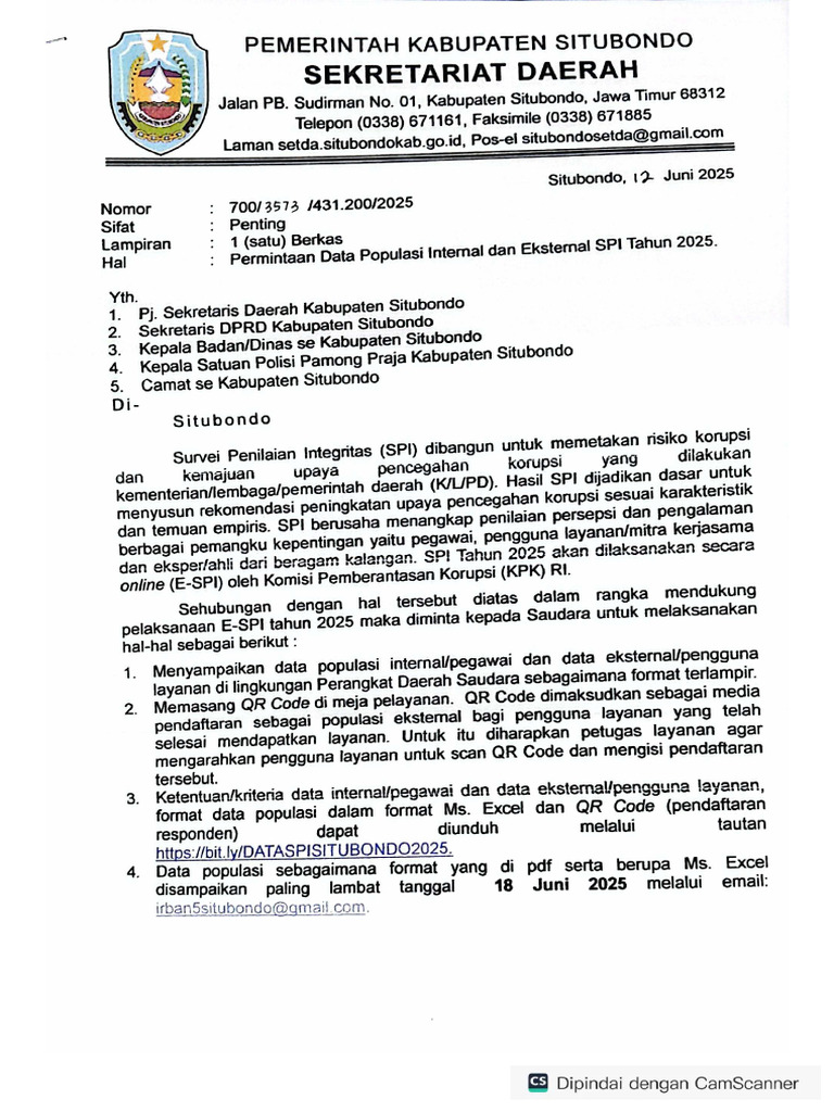 16-06-2025 Permintaan Data Populasi Internal Dan Eksternal SPI Tahun 2025 | PDF
