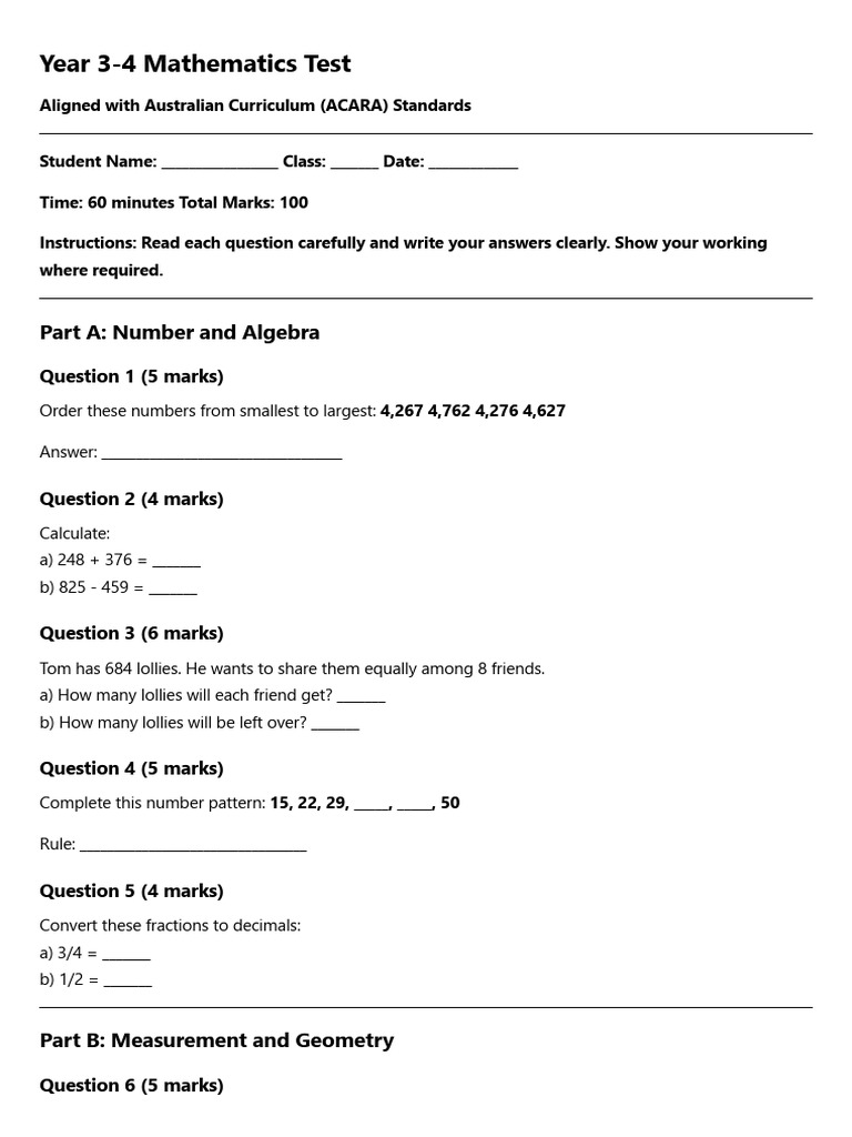 Year 3 Mathematics Assessment | PDF | Area | Rectangle