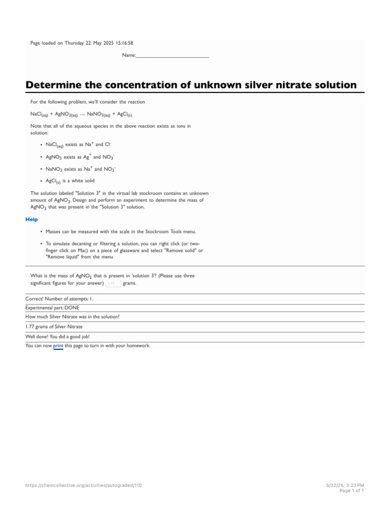 Determine The Concentration of Unknown Silver Nitrate Solution | PDF