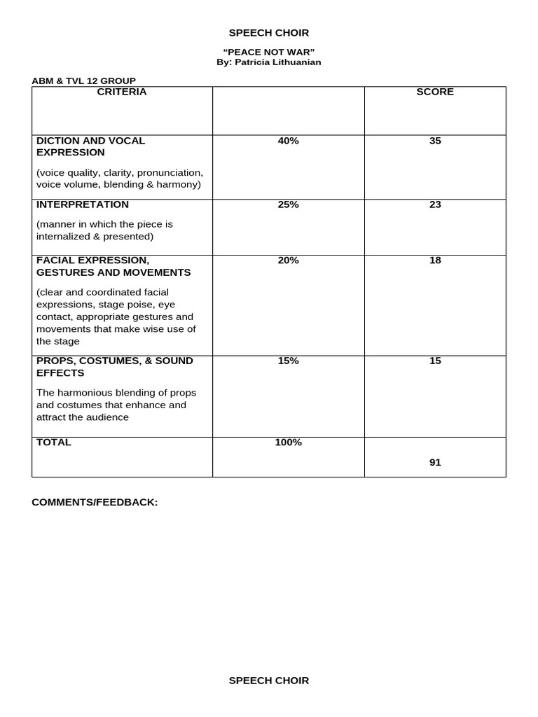 Speech Choir - Criteria (Peace Not War) | PDF | Human Communication ...