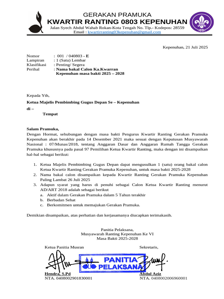 Surat Edaran Nama Bakal Calon Kwartir Ranting - 2025 | PDF