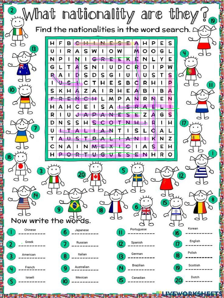 Kami Export - What Nationality Are They - Word Search Worksheet | PDF