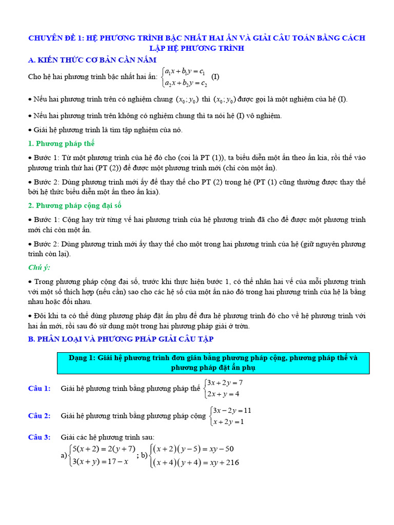 Chuyen de He Phuong Trinh Bac Nhat Hai An Va Giai Bai Toan Bang Cach ...