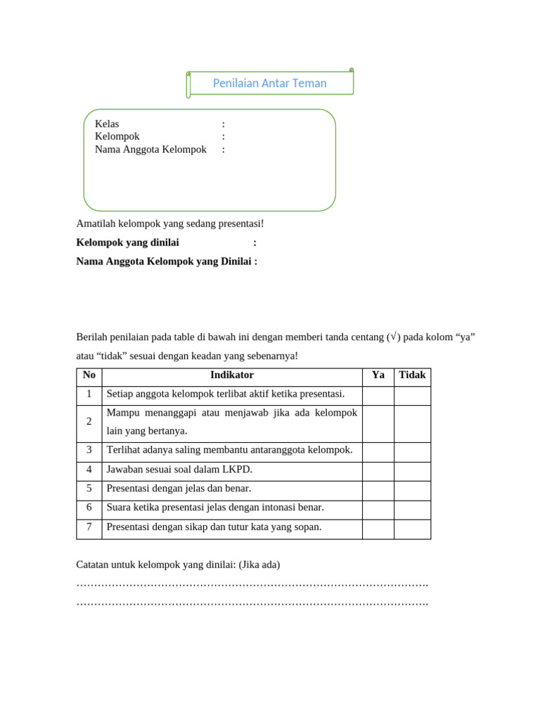 Penilaian Antar Teman Presentasi Kelompok | PDF
