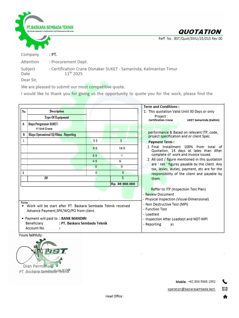 Quotation_BST-Quot-SMU-25-015_PT_SMU_Rev.01 | PDF | Construction Equipment
