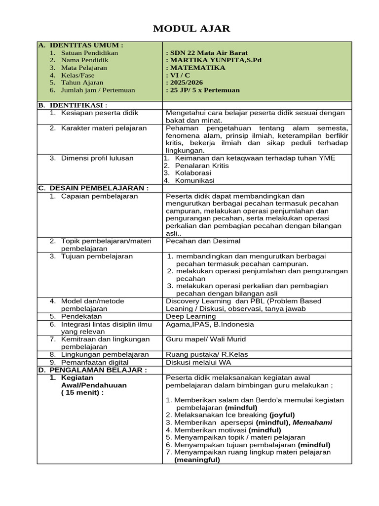 Modul Ajar PM (Deep Learning) Matematika | PDF