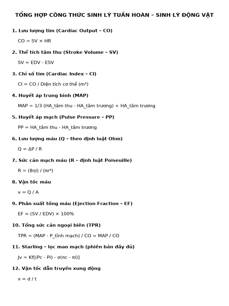 Cong Thuc Sinh Ly Tuan Hoan | PDF