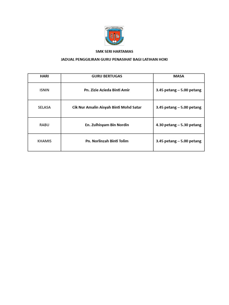 Jadual Bertugas Guru Hoki | PDF
