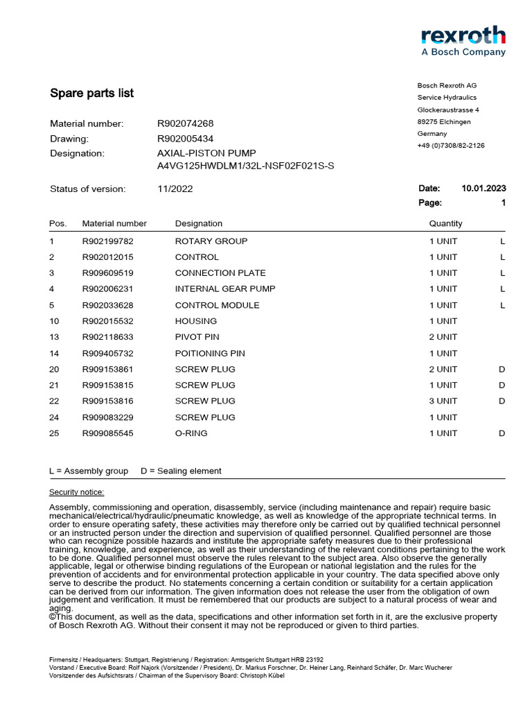Axial Piston Pump Spare Parts List | PDF | Safety | Information