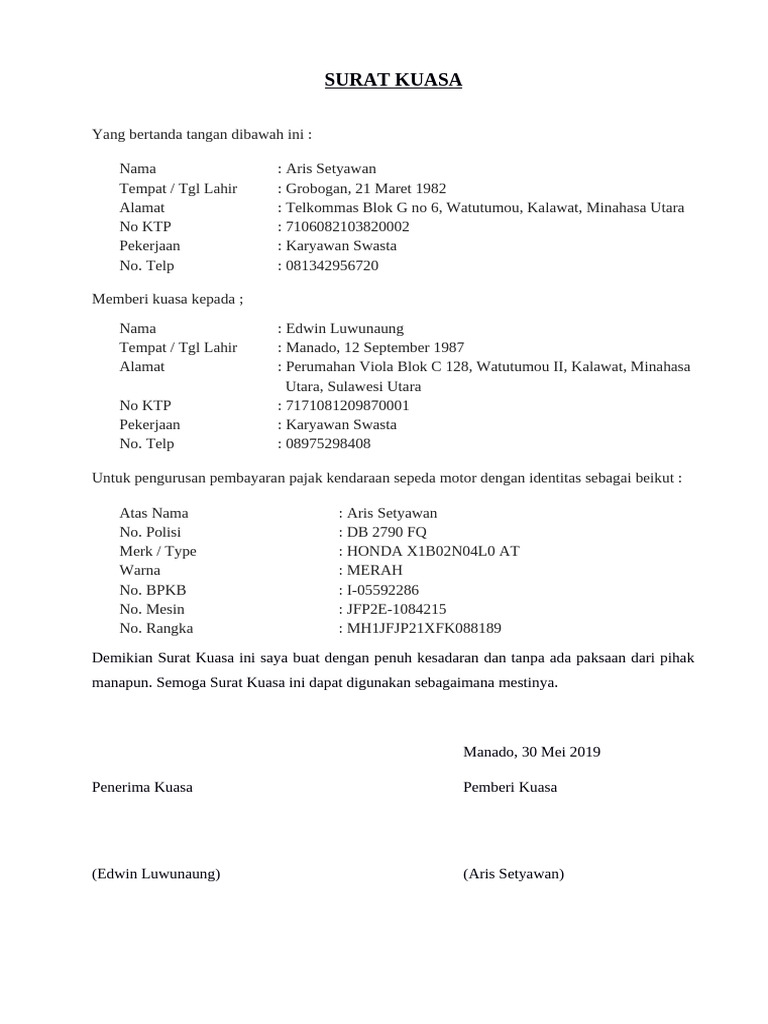 Surat Kuasa Pembayaran Pajak Kendaraan | PDF