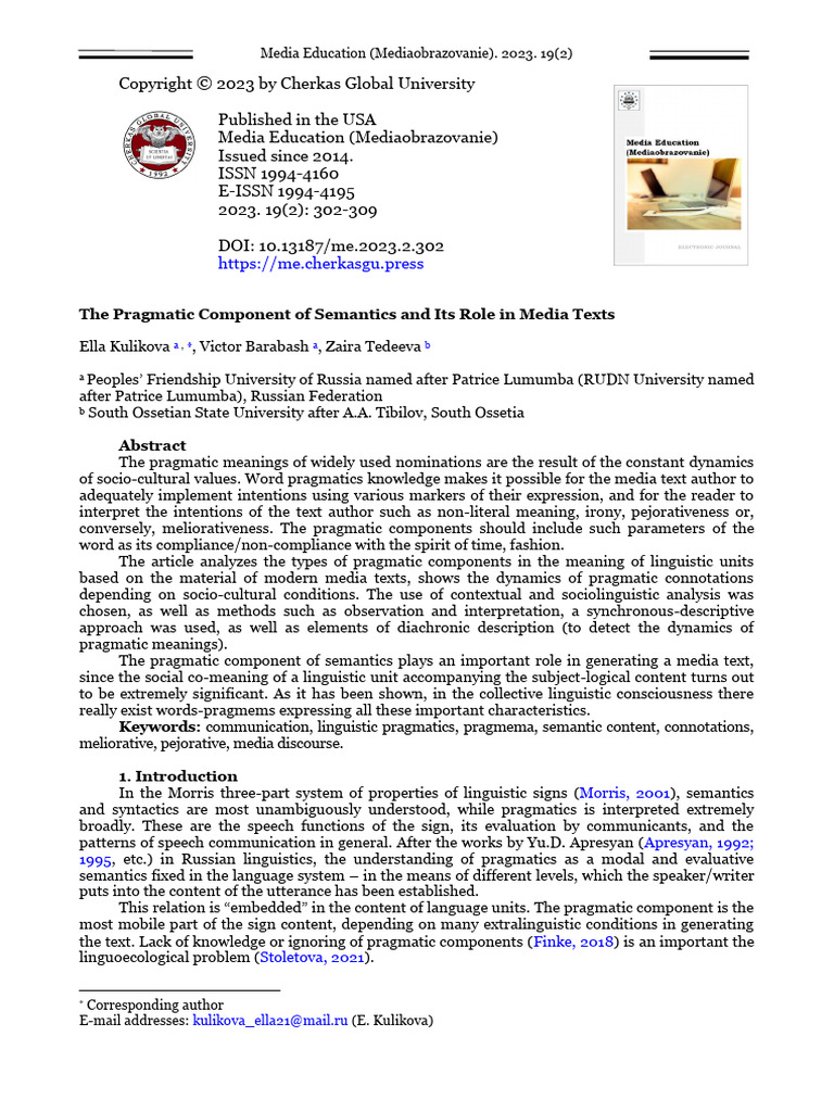 The Pragmatic Component of Semantics and Its Role in Media Texts | PDF ...
