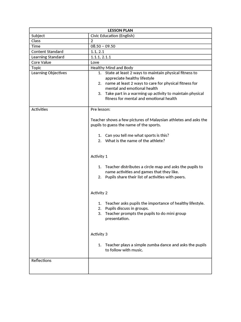 LESSON PLAN YEAR 2 Physical Fitness | PDF