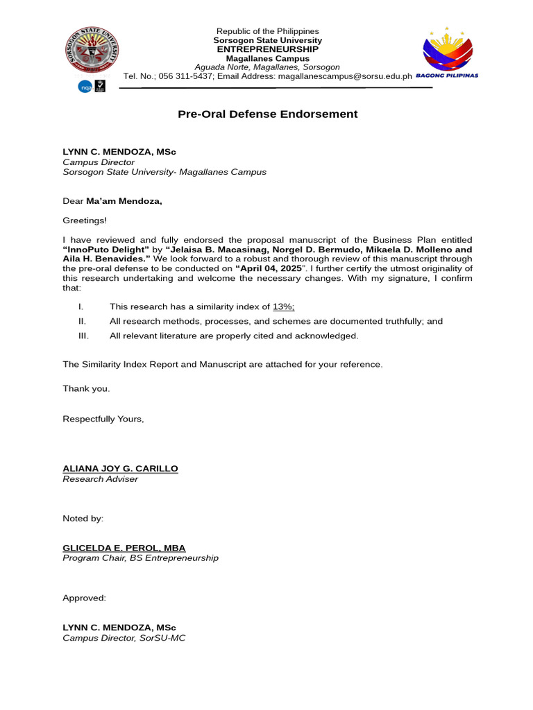 Pre Oral Defense Endorsement Form | PDF