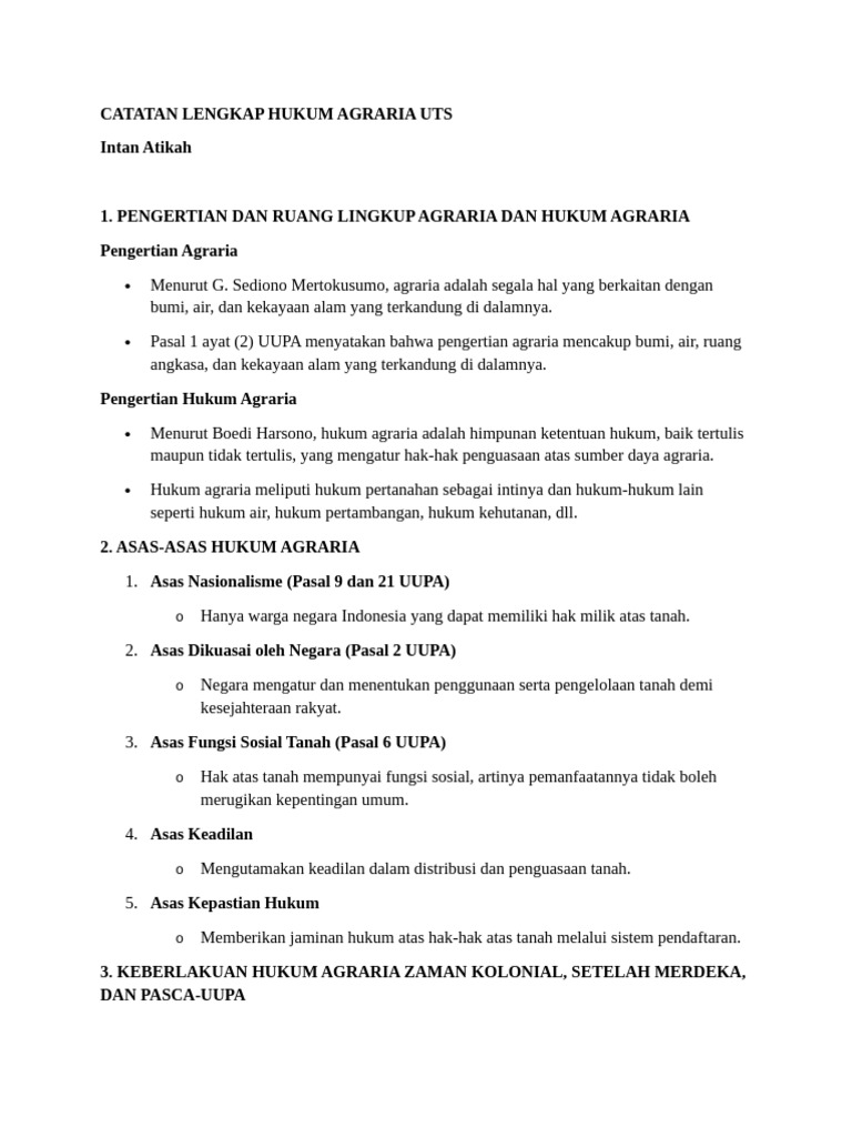 CATATAN LENGKAP HUKUM AGRARIA UTS_intan atikah | PDF