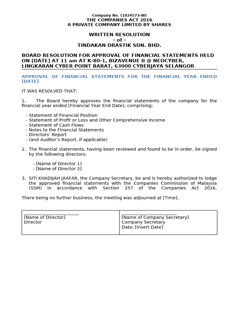Board Resolution Approval Financial Statements | PDF